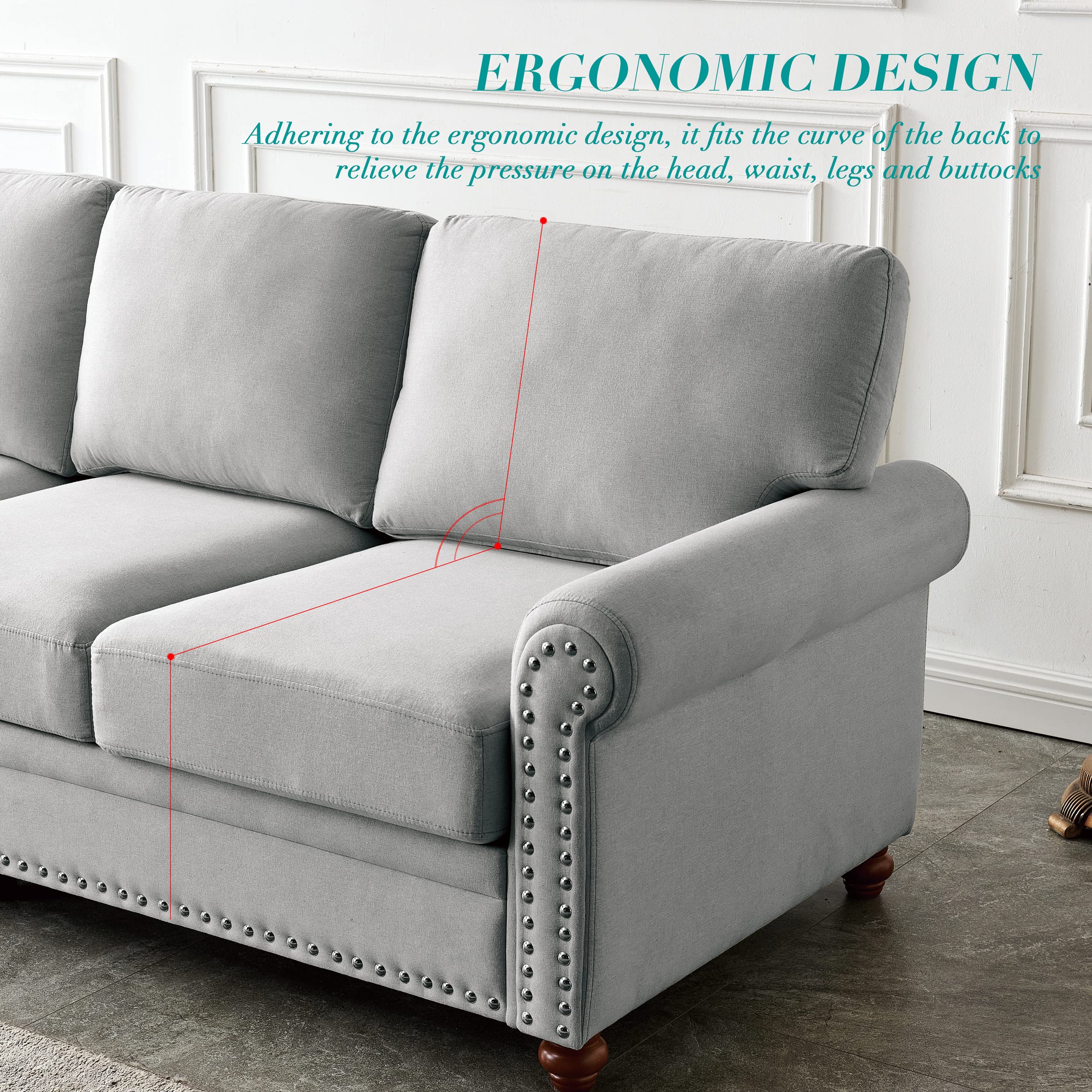 POCIYIHOME 2+3 Sectional Storage Box, Sleeper Couch Chaise with Nail Decoration, Chesterfield Sofa, Upholstered Loveseat, Wood Leg, Furniture for Living Room,Bedroom,Office, Polyester, Grey