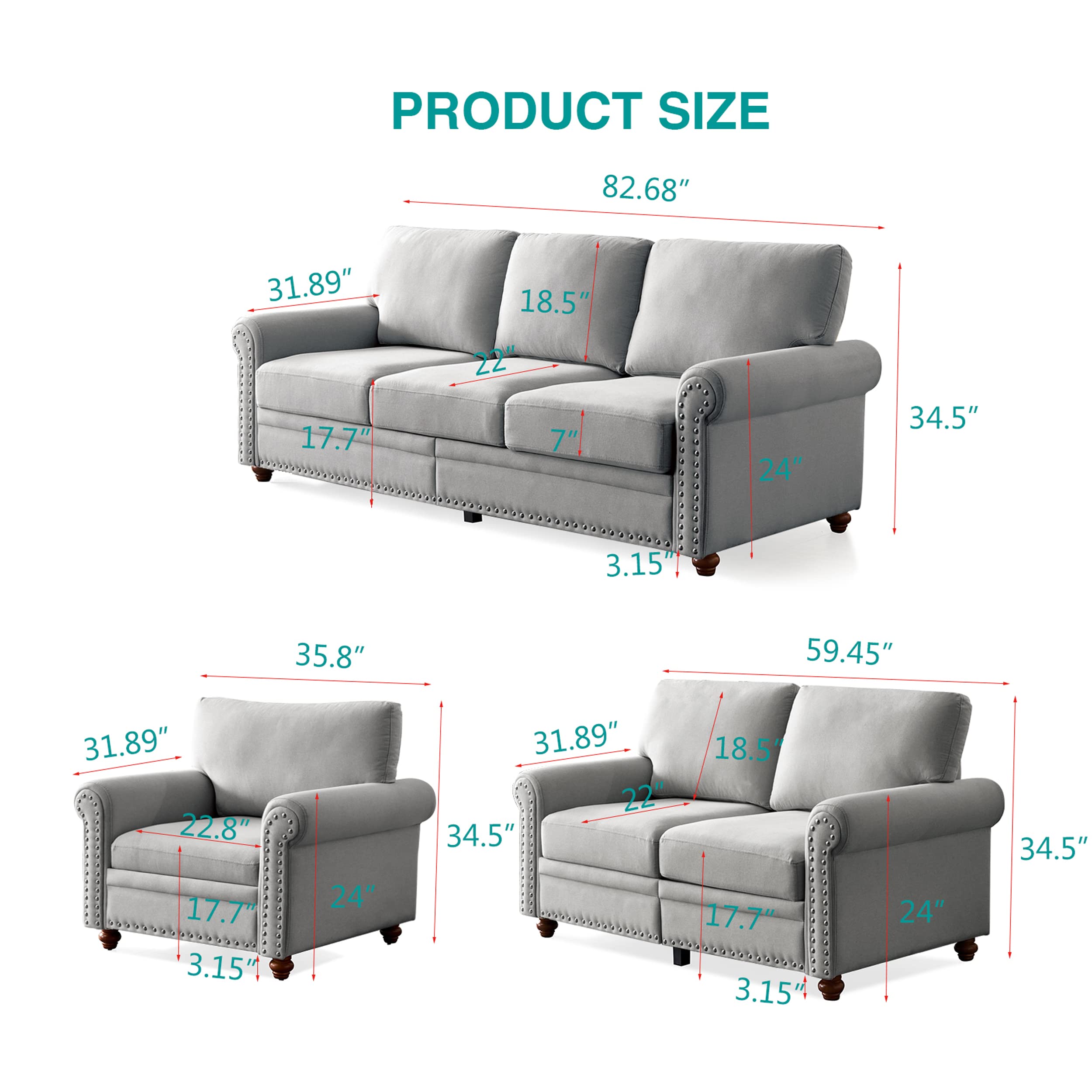 POCIYIHOME 2+3 Sectional Storage Box, Sleeper Couch Chaise with Nail Decoration, Chesterfield Sofa, Upholstered Loveseat, Wood Leg, Furniture for Living Room,Bedroom,Office, Polyester, Grey