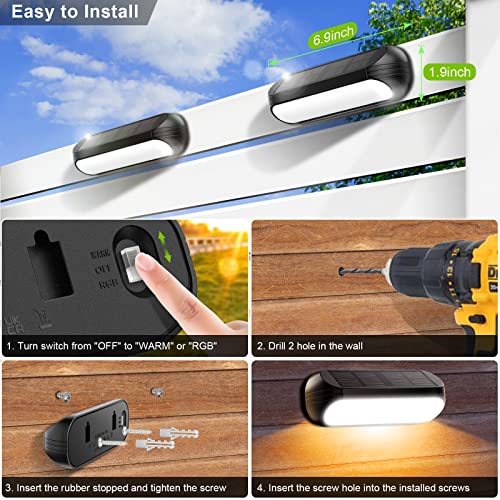 WdtPro Solar Deck Lights, 6 Pack Solar Fence Lights Outdoor Waterproof Warm White/Color Changing Solar Step Lights for Garden, Stairs, Wall, Deck, Fence, Pool, Front Door