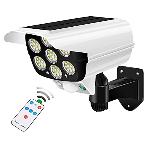 Outdoor Motion Sensor Solar Lights 2000 Lumens 77 LEDs Spotlight With Remote Controller FloodLights Outdoor IP66 Waterproof, Wireless Dummy Decoy Fake Security Camera for Porch Garden Patio Driveway