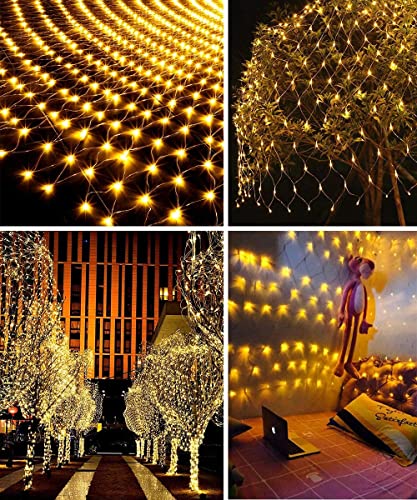 Solar Led Net Lights,100 LEDs Net Mesh Tree-Wrap Lights 4.9ft x 4.9ft,Dark Green Cable,8 Modes Outdoor String Decorative Lights for Window Wall Background Camping Beach Garden Patio (Warm White)