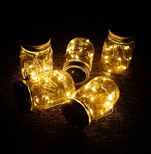 Solar Mason Jar Lid Lights, 6 Pack 30 Led String Fairy Star Firefly Jar Lids Lights,6 Hangers Included(Jars Not Included), Best for Mason Jar Decor,Patio Garden Decor Solar Laterns Table Lights