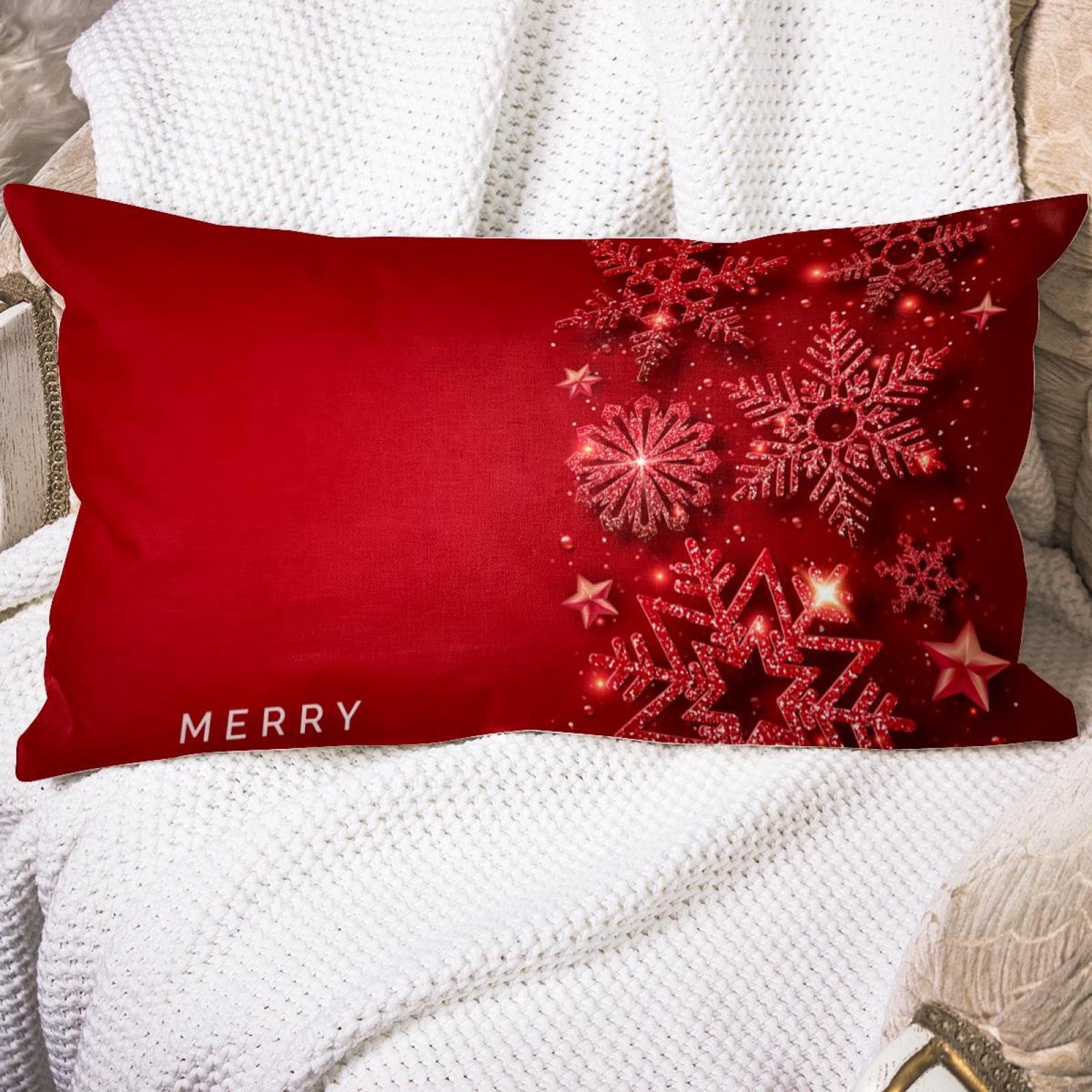 Diusye Christmas Card with Shining Red Snowflakes and Stars Cushion Covers, 1 Pack Throw Pillow Covers Decorative Soft Velvet Pillowcase for Couch Sofa Bed Car Living Room, 16x24 Inch