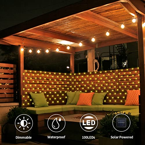 Solar Led Net Lights,100 LEDs Net Mesh Tree-Wrap Lights 4.9ft x 4.9ft,Dark Green Cable,8 Modes Outdoor String Decorative Lights for Window Wall Background Camping Beach Garden Patio (Warm White)