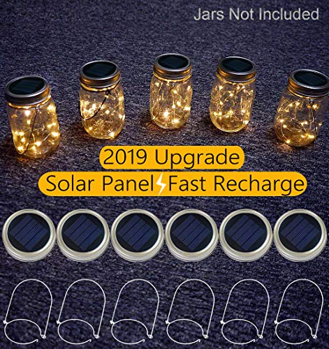 Solar Mason Jar Lid Lights, 6 Pack 30 Led String Fairy Star Firefly Jar Lids Lights,6 Hangers Included(Jars Not Included), Best for Mason Jar Decor,Patio Garden Decor Solar Laterns Table Lights