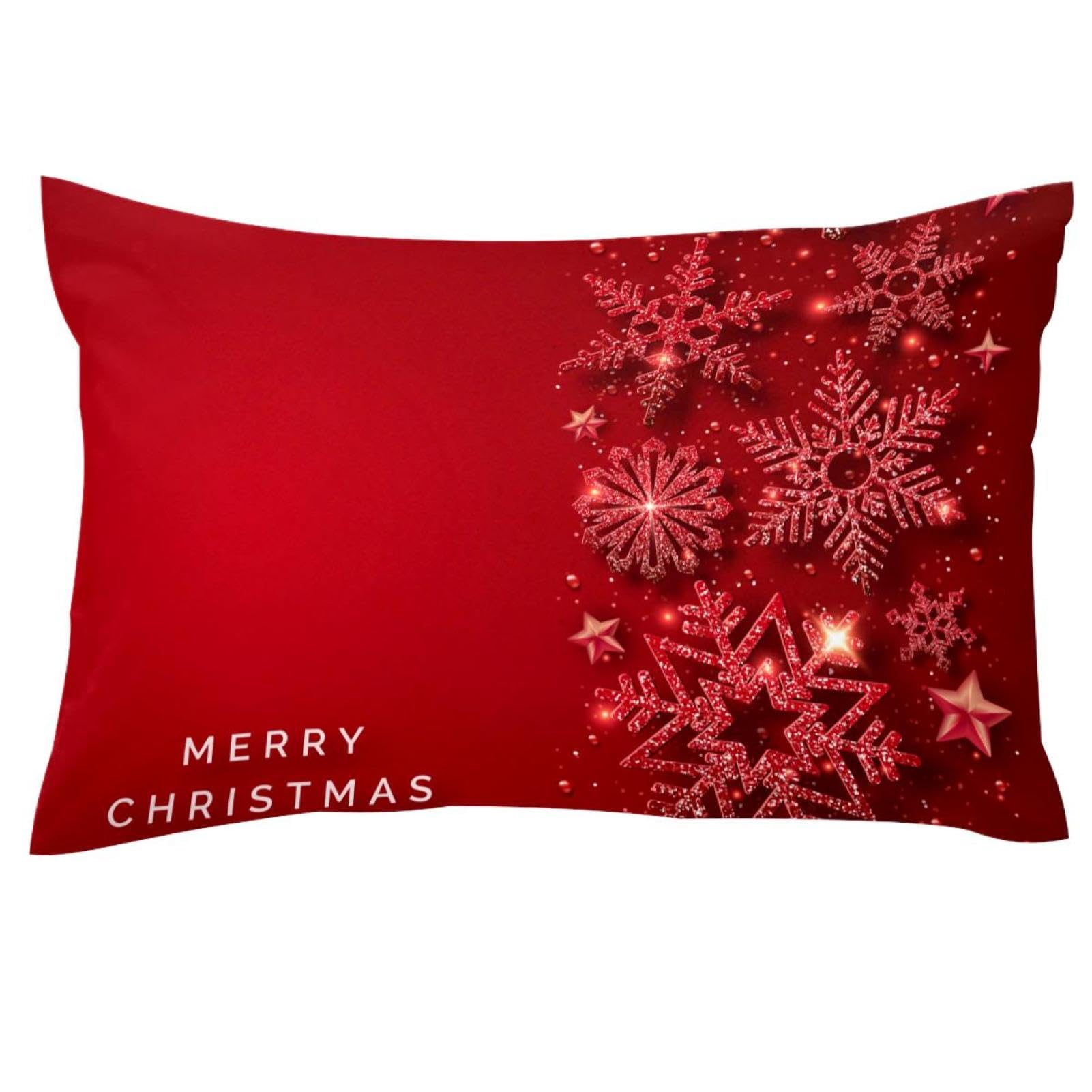Diusye Christmas Card with Shining Red Snowflakes and Stars Cushion Covers, 1 Pack Throw Pillow Covers Decorative Soft Velvet Pillowcase for Couch Sofa Bed Car Living Room, 16x24 Inch