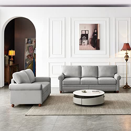 KoiHome 2+3 Sectional Storage Box, Sleeper Couch Chaise with Nail Decoration, Chesterfield Sofa, Upholstered Loveseat, Wood Leg, Furniture for Living Room,Bedroom,Office, Polyester, Grey