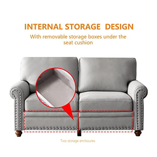 KoiHome 2+3 Sectional Storage Box, Sleeper Couch Chaise with Nail Decoration, Chesterfield Sofa, Upholstered Loveseat, Wood Leg, Furniture for Living Room,Bedroom,Office, Polyester, Grey