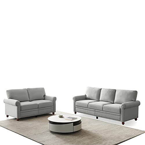 KoiHome 2+3 Sectional Storage Box, Sleeper Couch Chaise with Nail Decoration, Chesterfield Sofa, Upholstered Loveseat, Wood Leg, Furniture for Living Room,Bedroom,Office, Polyester, Grey