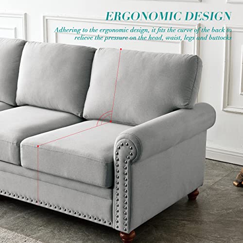 KoiHome 2+3 Sectional Storage Box, Sleeper Couch Chaise with Nail Decoration, Chesterfield Sofa, Upholstered Loveseat, Wood Leg, Furniture for Living Room,Bedroom,Office, Polyester, Grey
