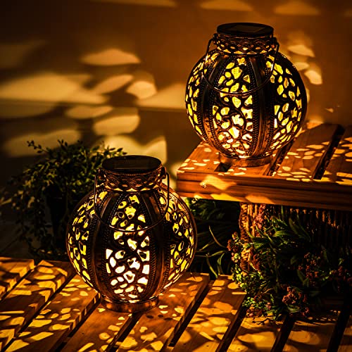 DUSVALLY Solar Lantern Hanging Waterproof Solar Lights for Patio, Backyard & Tree, 2 Pack Garden Decoration Lantern Light with Hollow-Out Retro Design, 7"H