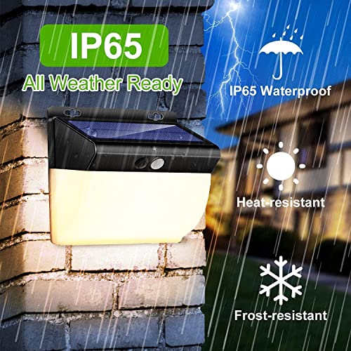 Pisool Solar Lights Outdoor, [2 Pack/3 Modes] Solar Motion Sensor Lights IP65 Waterproof Solar Powered Security Outdoor Wall Lights for Fence Deck Patio Porch Garden Garage (Warm White)