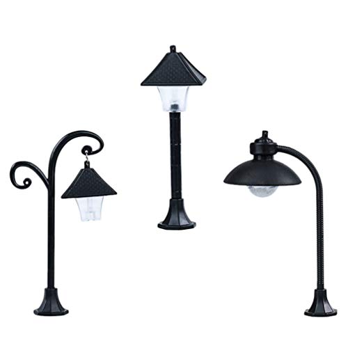 3pcs Model Street Post Lights Ornament Mini Dollhouse Solar Lamp Railway Train Lamp Miniature Village Pathway Lantern Post for Fairy Garden Plant Decoration Black