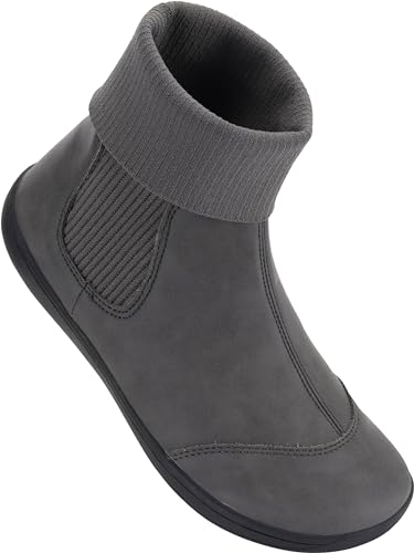 WHITIN Women's Wide Barefoot Chelsea Boots Mid-Calf Minimalist Bootie Zero Drop Flat Size 9 Pull-On Cowboy Cowgirl Leather Flat Shoes Fashion Grey 40