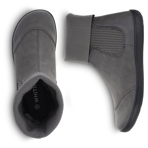 WHITIN Women's Wide Barefoot Chelsea Boots Mid-Calf Minimalist Bootie Zero Drop Flat Size 9 Pull-On Cowboy Cowgirl Leather Flat Shoes Fashion Grey 40