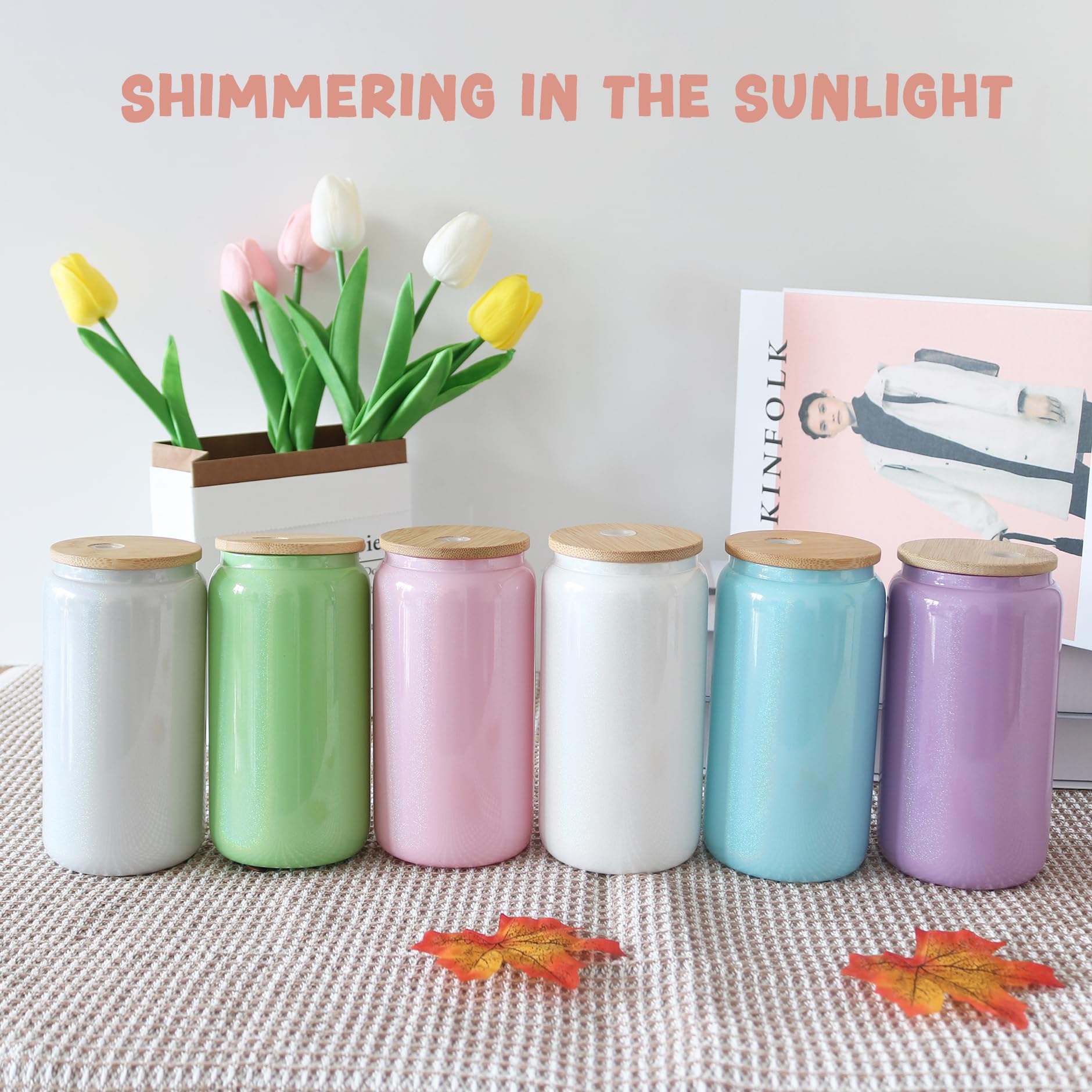 VEVELU 30 Pack Sublimation Glass Cups with Lids and Straws 16oz Shimmer Sublimation Beer Glasses Can Blanks Tumblers Sparkling Iridescent Glass Cups with Bamboo Lid Drinking Juice Jars Iced Coffee Cup