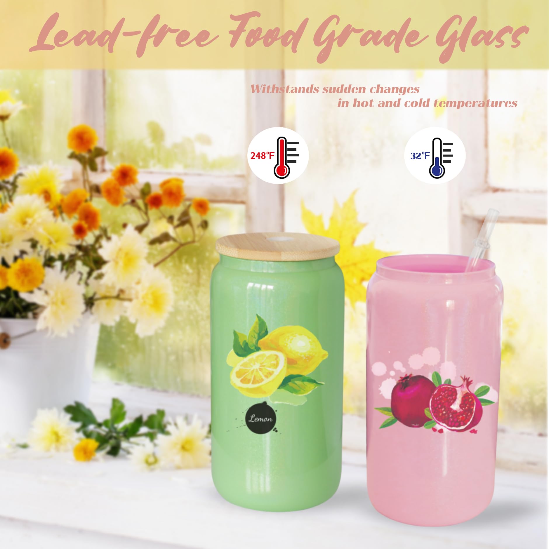 VEVELU 30 Pack Sublimation Glass Cups with Lids and Straws 16oz Shimmer Sublimation Beer Glasses Can Blanks Tumblers Sparkling Iridescent Glass Cups with Bamboo Lid Drinking Juice Jars Iced Coffee Cup