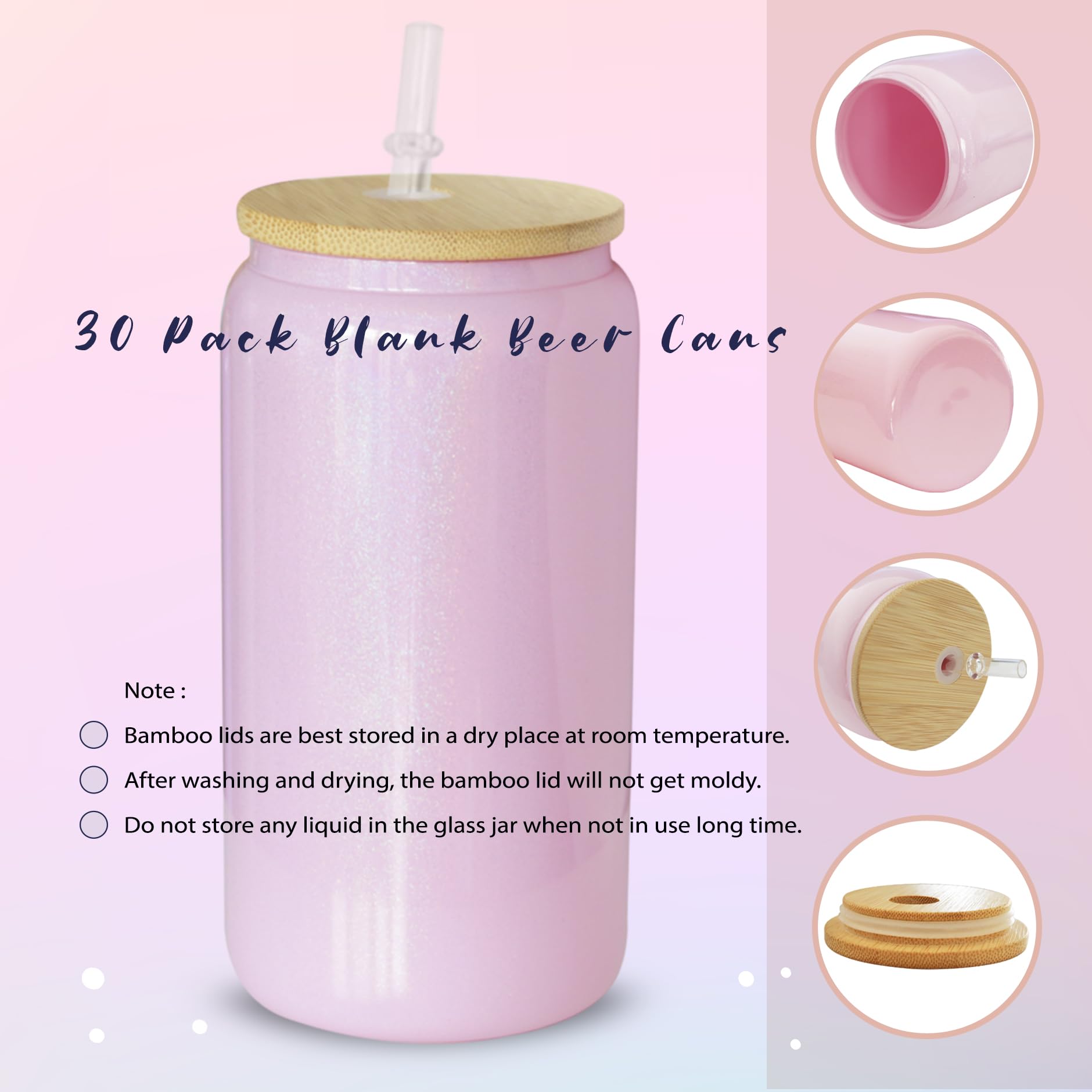 VEVELU 30 Pack Sublimation Glass Cups with Lids and Straws 16oz Shimmer Sublimation Beer Glasses Can Blanks Tumblers Sparkling Iridescent Glass Cups with Bamboo Lid Drinking Juice Jars Iced Coffee Cup