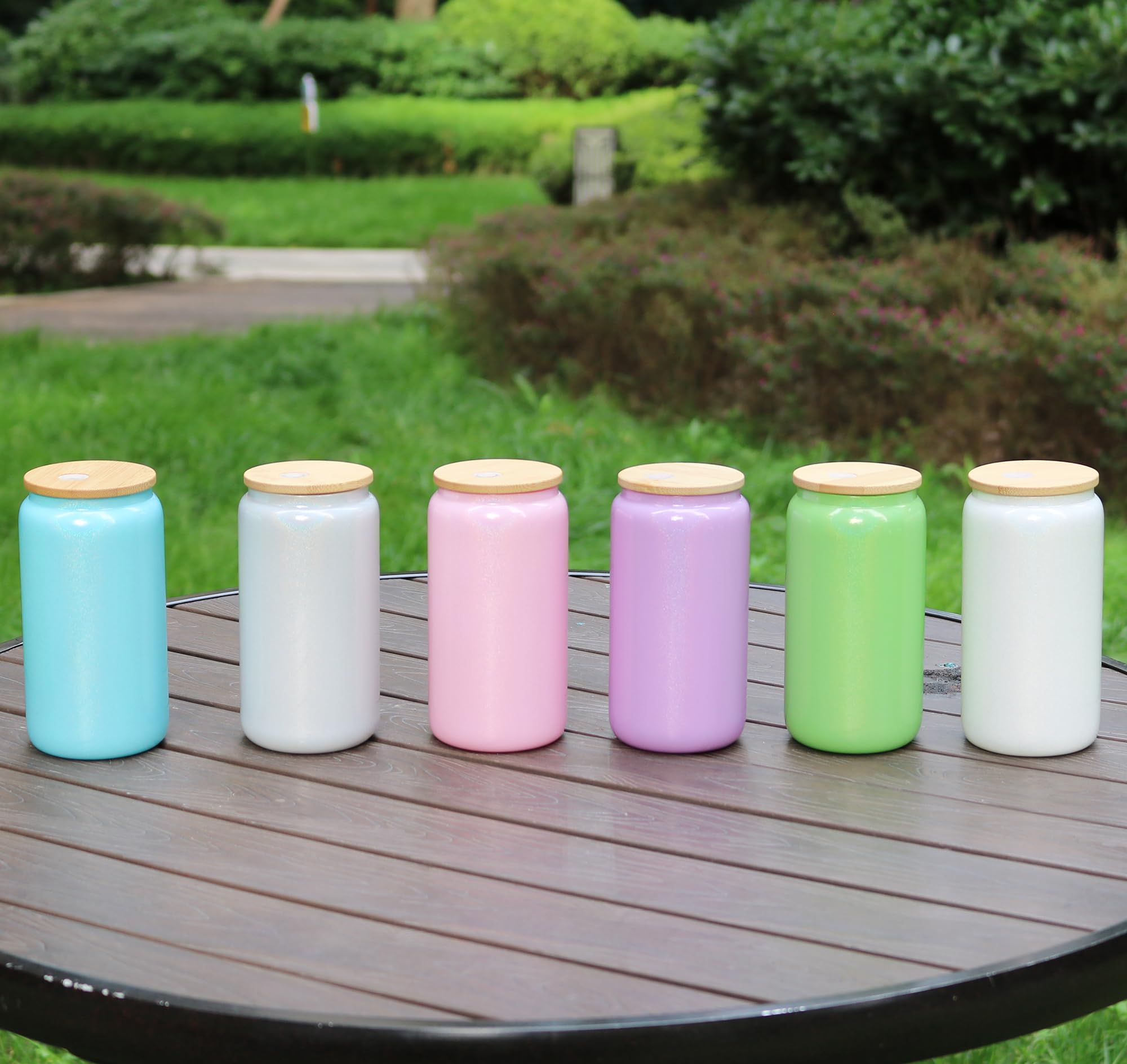 VEVELU 30 Pack Sublimation Glass Cups with Lids and Straws 16oz Shimmer Sublimation Beer Glasses Can Blanks Tumblers Sparkling Iridescent Glass Cups with Bamboo Lid Drinking Juice Jars Iced Coffee Cup