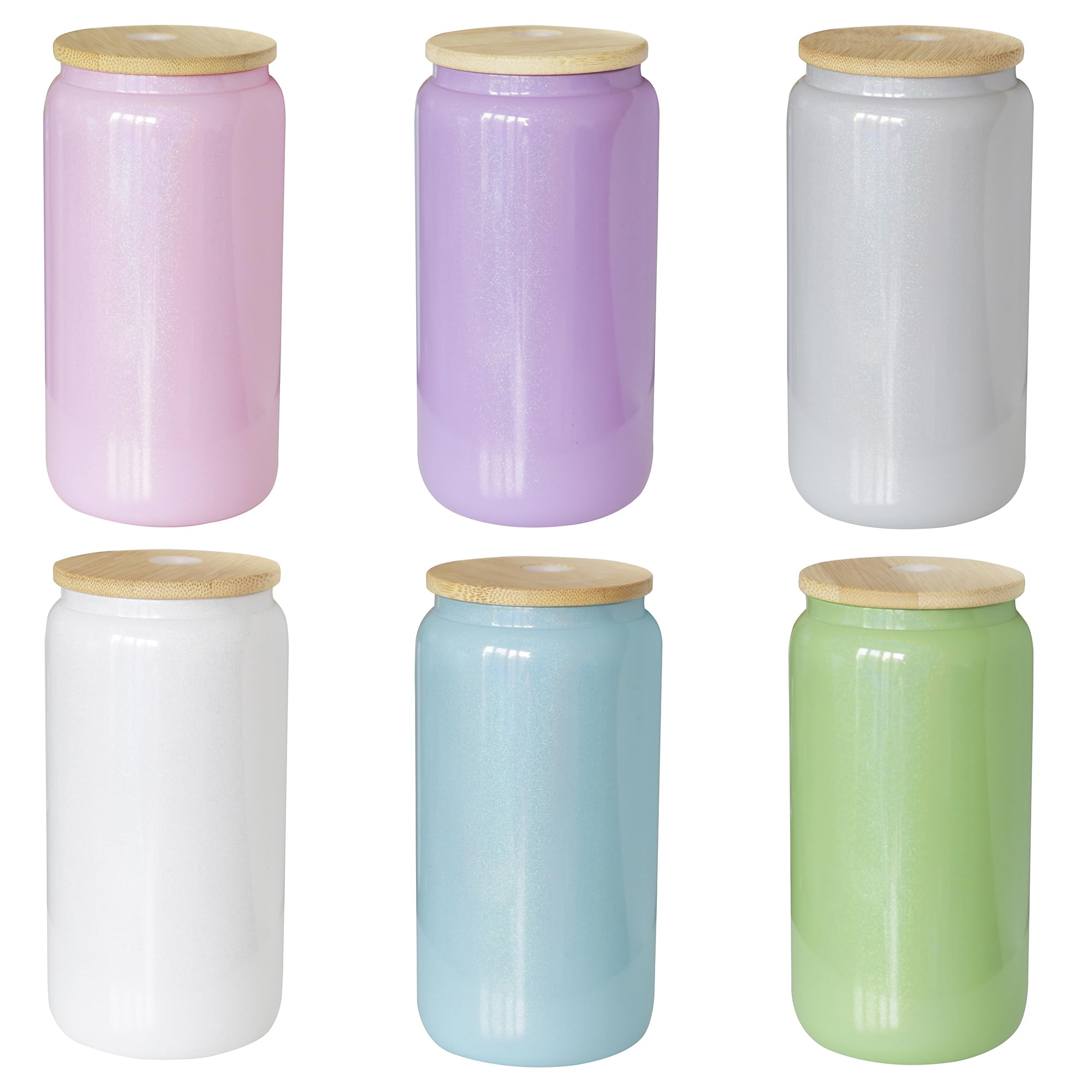 VEVELU 30 Pack Sublimation Glass Cups with Lids and Straws 16oz Shimmer Sublimation Beer Glasses Can Blanks Tumblers Sparkling Iridescent Glass Cups with Bamboo Lid Drinking Juice Jars Iced Coffee Cup