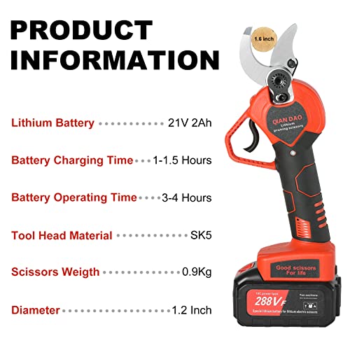 Electric Pruning Shears WBLLG Cordless Electric Pruning Battery Powered, Tree Branch Pruner with Brushless Motor, 2 Pcs 25V Lithium Battery, SK5 Blades, 1.6 Inch Cutting Diameter
