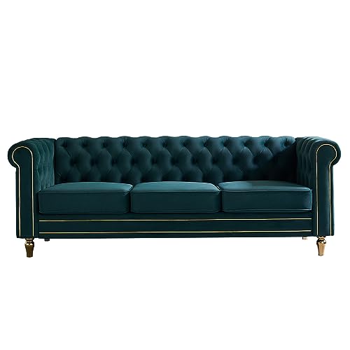 EMKK Large Chesterfield Sofa 3 Seater Modern Velvet Couch Upholstered Sofá with Tufted Back for Living Room Furniture,Nailhead Trim Round Armset, F-Green