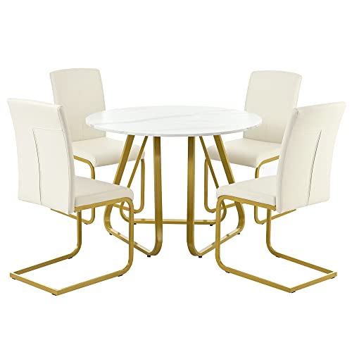 TARTOP 5-Piece Round Dining Furniture Set with Faux Marble Table and Four Chairs with Metal Legs for Kitchen, and Living Room, 5Pcs, White