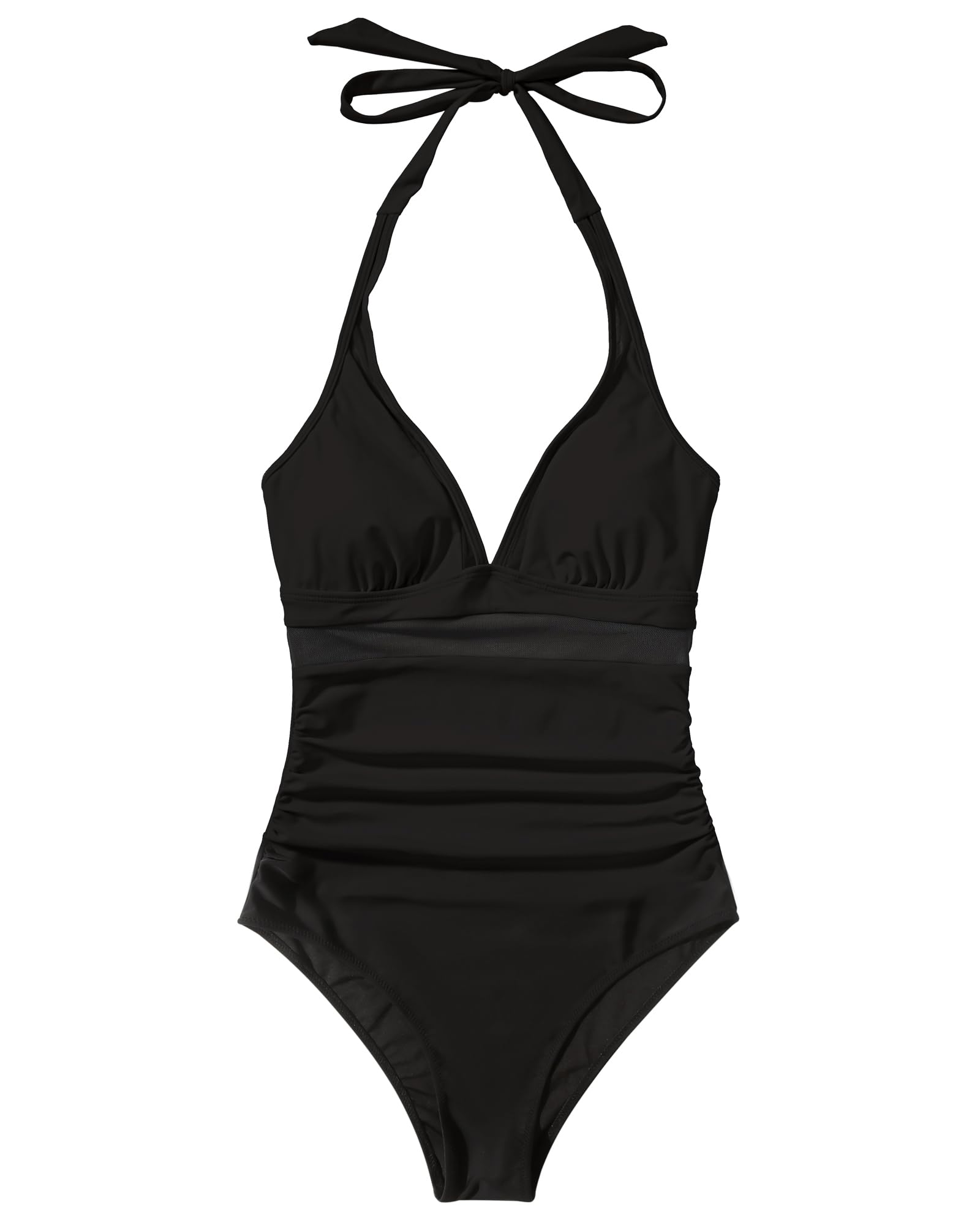 RXRXCOCO Women Sexy V Neck Mesh One Piece Bathing Suit Halter Push Up Tummy Control Swimsuit Swimwear X-Large Black