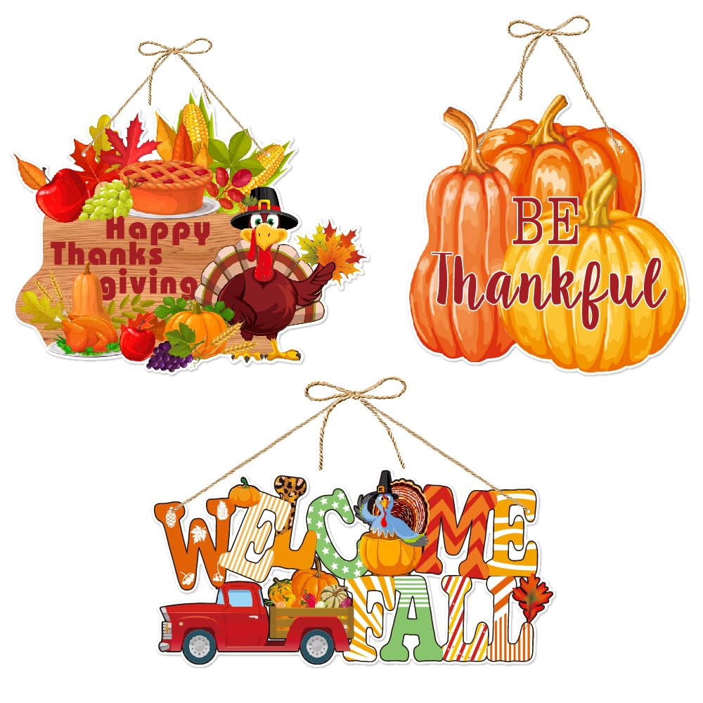 Fall Welcome Door Sign Thanksgiving Day Turkey Sign Door Hanger Thankful Pumpkin Hanging Decoration for Outdoor Outside Porch Thanksgiving Decorations for Home
