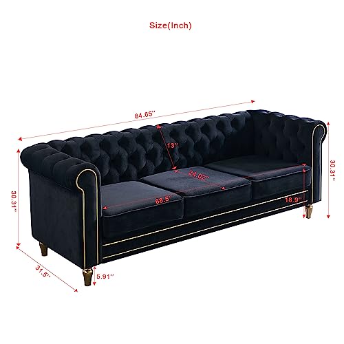 EMKK 84" Upholstered Chesterfield Tufted Sofa Couch for Living Room, Velvet Rolled Arm 3 Seater Classic Settee Sofá with Gold Trim, Black