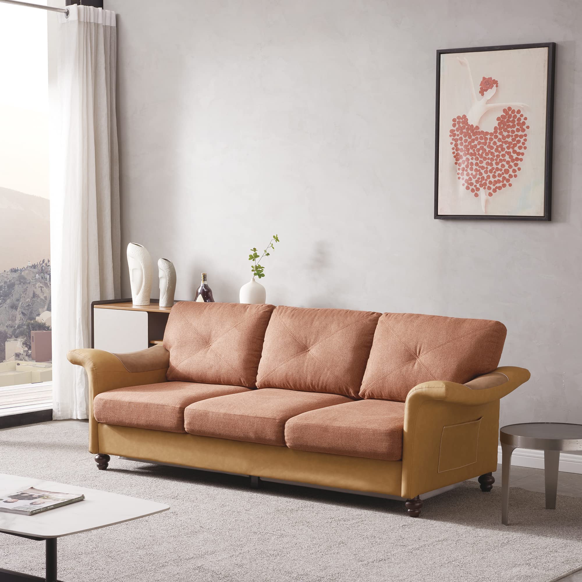 KoiHome 3-Seater Chesterfield, Upholstered 3-Seat Sofa Couch with Side Pockets and Storage Box, Faux Leather Loveseat Chaise with Curved Arms, Bedroom Living Room Furniture, Wood Leg, Red Brown