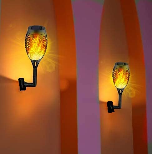 Solar Landscape Path Garden Lights Outdoor 3 in 1 Adaptors Deck Lighting Fence Post Light Dancing Flickering Flame Torch LED Wall Lamp Waterproof for Yard Porch Patio 4 Pack