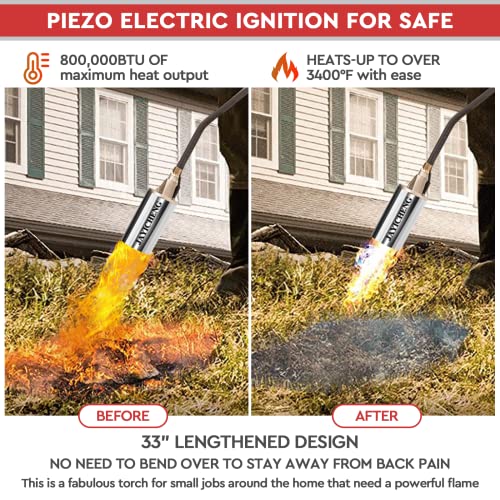 Propane Torch Weed Burner Kit,Weed Torch 800,000 BTU Blow Torch with 1lb Propane Cylinder Converter,9.8 FT Hose Heavy Duty Flamethrower with Turbo Trigger for Flame Weeding,Roofing, Melting Ice Snow