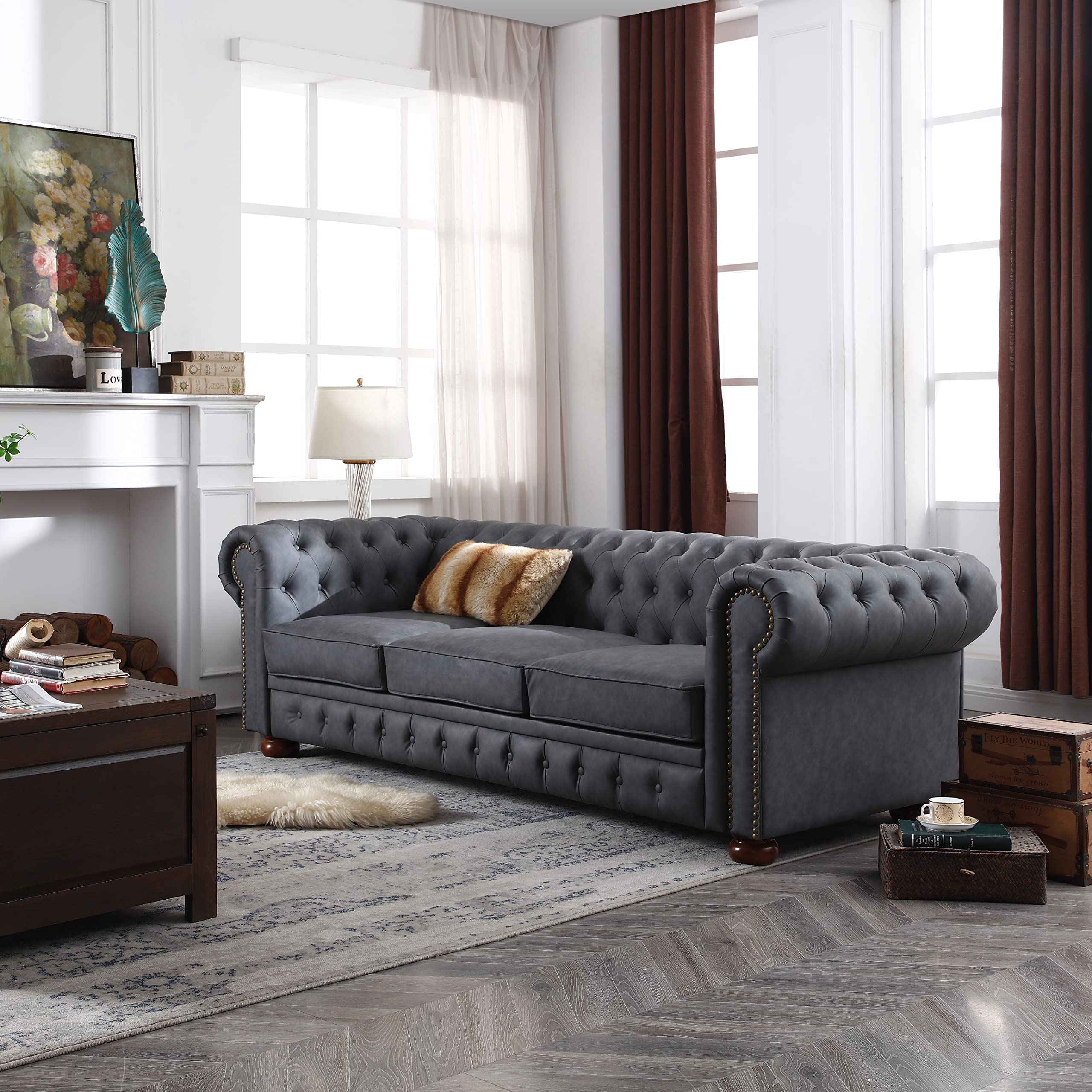 KoiHome 88.5" Deep Button Tufted Chaise with Roll Arm, Classic Chesterfield Sofa Leather Settee Recliner, Upholstered 3-Seat Futon Couch Lounge Loveseat for Living Room, Wood Leg, Dark Grey