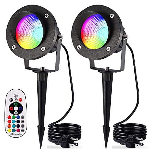 LCARED Landscape Lights with Remote Control, 120V Lighting 18W RGBW Outdoor LED Spotlights Color Changing RGB Flood Spot for Yard Garden Path Patio Tree Decorative (2 Pack), Black