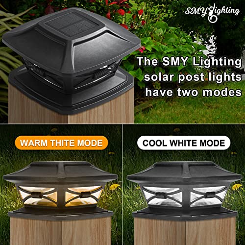 SMY Lighting Solar Post Lights Outdoor 2 Modes LED Solar Fence Cap Light for 4x4 5x5 6x6 Posts Deck Patio Garden Decoration Warm White/Cool White Lighting Black (4 Pack)