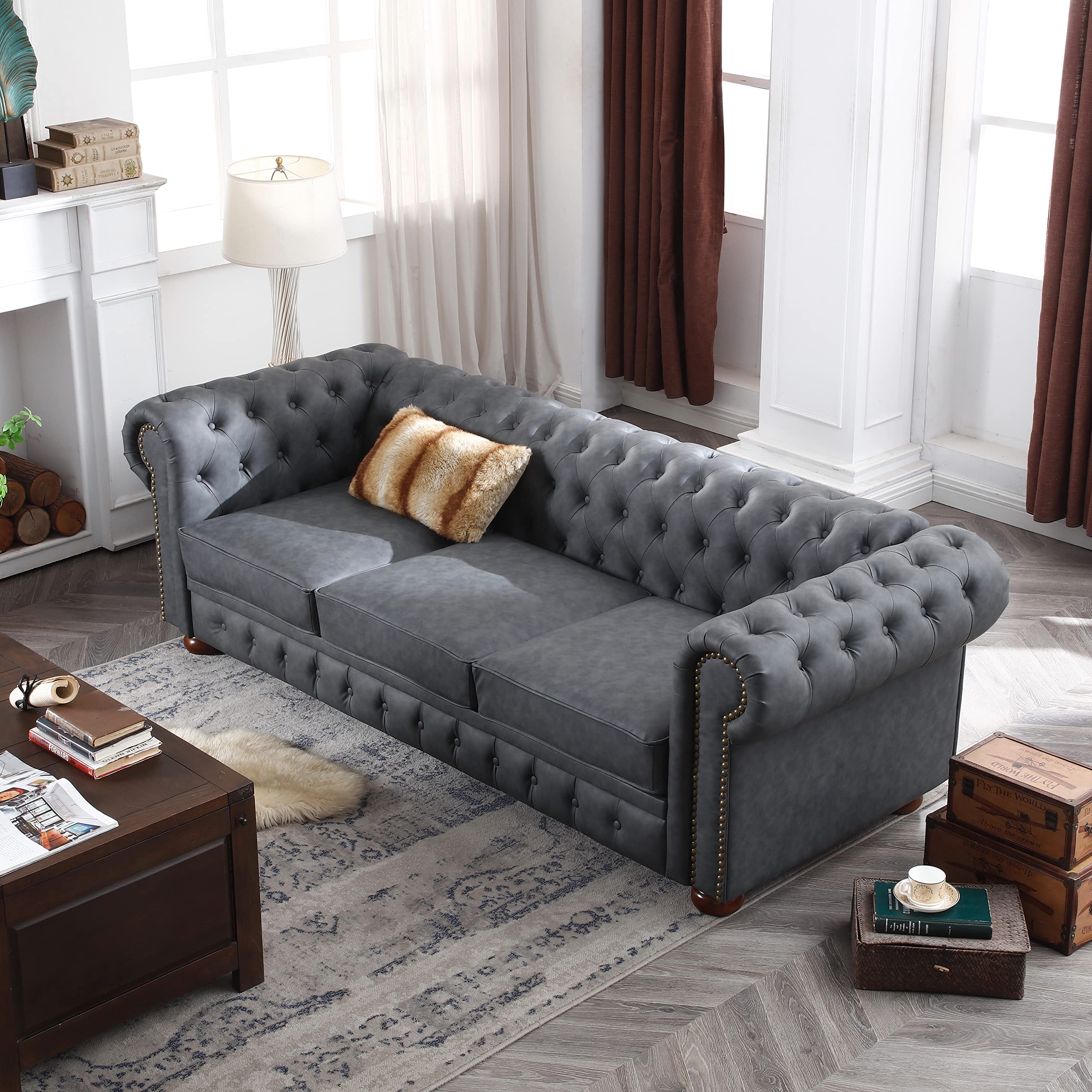 KoiHome 88.5" Deep Button Tufted Chaise with Roll Arm, Classic Chesterfield Sofa Leather Settee Recliner, Upholstered 3-Seat Futon Couch Lounge Loveseat for Living Room, Wood Leg, Dark Grey