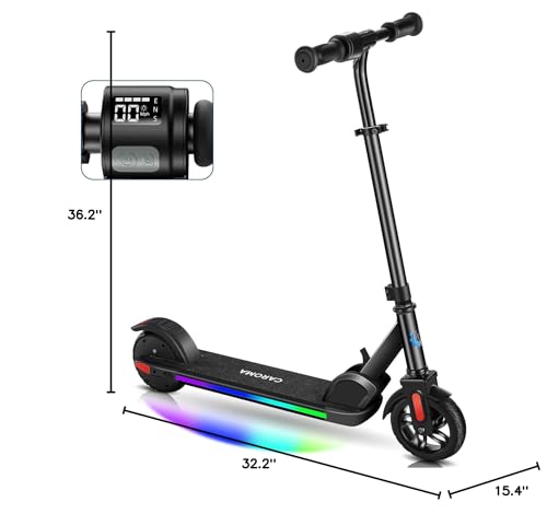 Caroma Electric Scooter for Kids Ages 8-12, 150W Foldable Kids Electric Scooter, Max 7 Miles & 10 Mph, LED Display, Colorful Lights, Adjustable Height, Lightweight Electric Scooter for Kids Teens