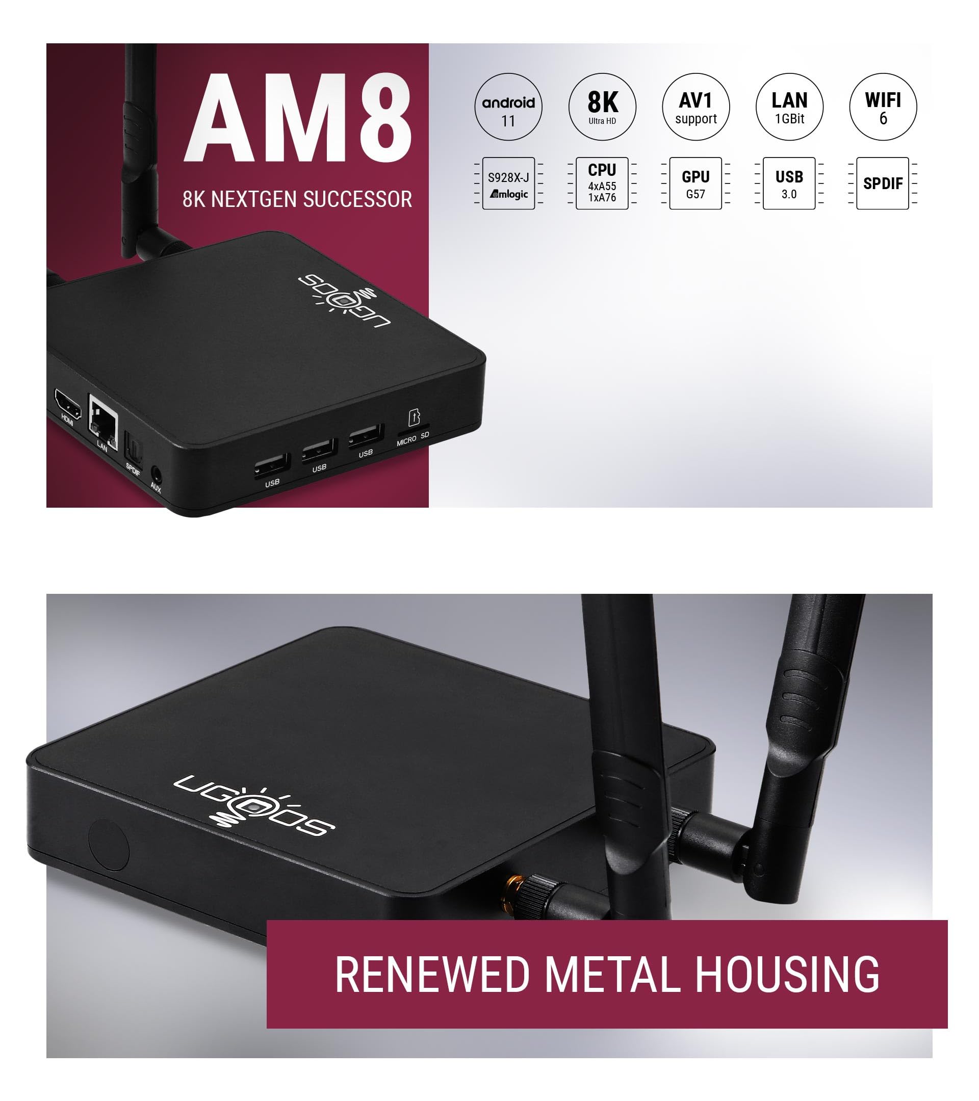 Ugoos AM8 8K Ultra HD Android TV Box Android 11.0 Amlogic S928X-J LPDDR4 4GB RAM 32GB ROM WiFi6E 1000M LAN BT5.3 USB3.0 Support AV1 H.265 8Kx4K 60fps HDR Set Top TV Box