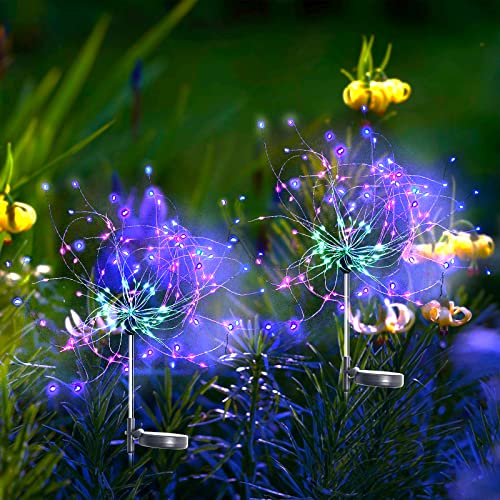Anglecai 2 Pack 150 LED Solar Firework Lights Christmas, Solar Powered Fireworks Lights Outdoor Waterproof 8 Lighting Modes Colorful Brighter String Firefly Lights for Garden Decor