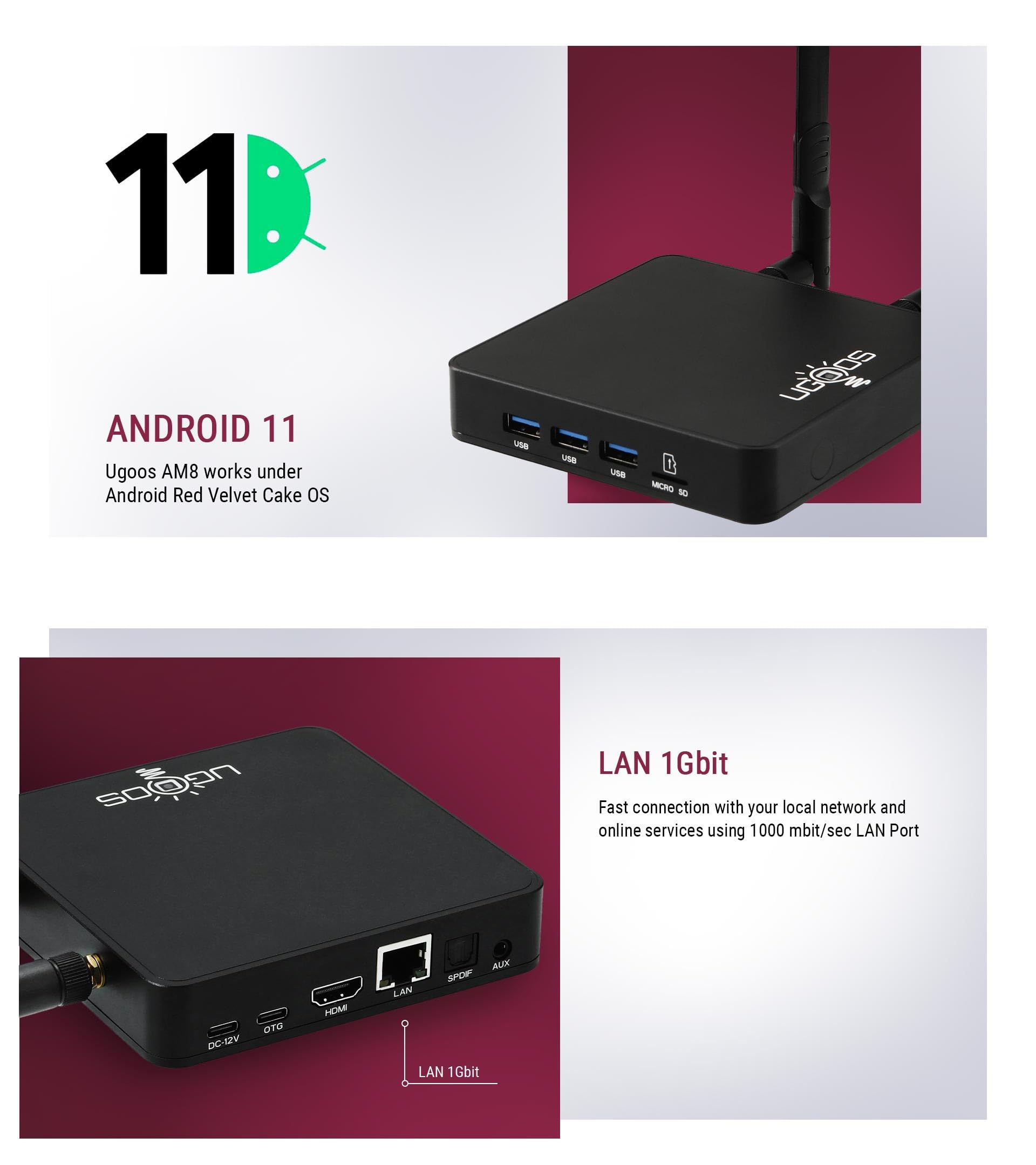 Ugoos AM8 8K Ultra HD Android TV Box Android 11.0 Amlogic S928X-J LPDDR4 4GB RAM 32GB ROM WiFi6E 1000M LAN BT5.3 USB3.0 Support AV1 H.265 8Kx4K 60fps HDR Set Top TV Box