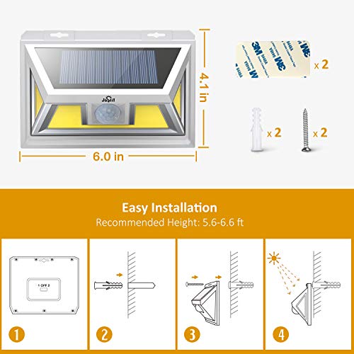 JUSLIT Solar Lights Outdoor, 74 COB LEDs Motion Sensor Light, 2 Modes Wireless Security Wall Lighting W/ 270° Wide Angle, IP65 Waterproof for Front Door, Yard, Garage, Garden, Deck, Porch (4PK)