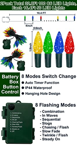 ZOFUNNY 2 Pack C6 Christmas String Light Decor, Total 32.8Ft 100LED Timer 8 Mode Battery Operated Waterproof Xmas Fairy Lights Garden Christmas Tree Decor Home Indoor Outdoor Party, 50LED 16.4Ft Each
