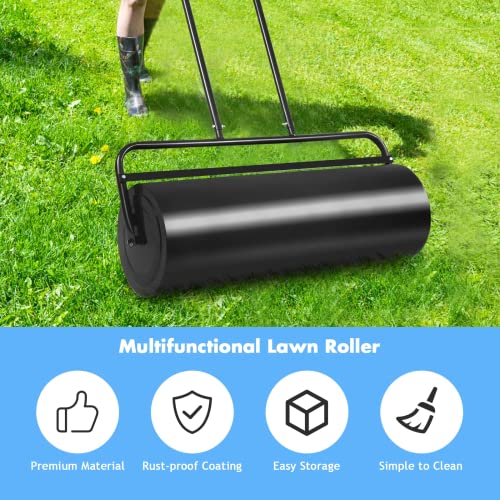 Happytools Lawn Roller, 17 Gallons/63 L Push/Pull Steel Sod Roller w/Ergonomic Handle, Lawn Rollers Tow Behind Water Filled for Park, Garden, Yard, Ball Field (36'' / 17 Gal), Black