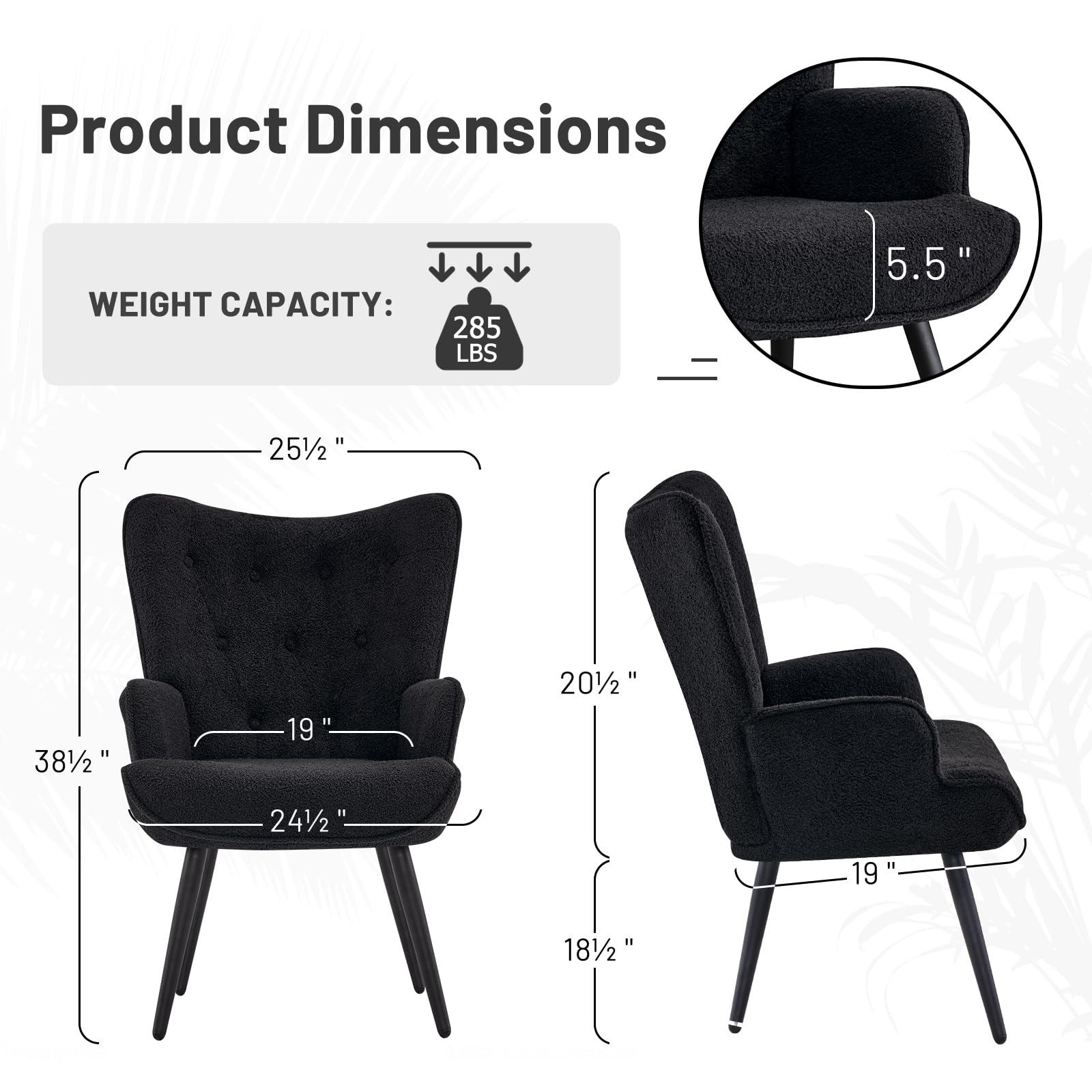 Furniliving Boucle Accent Chair for Living Room, Upholstered Reading Chair with High Backrest, Tufted-Button Wingback Armchair for Bedroom, Dressing Room, Home Office, Black