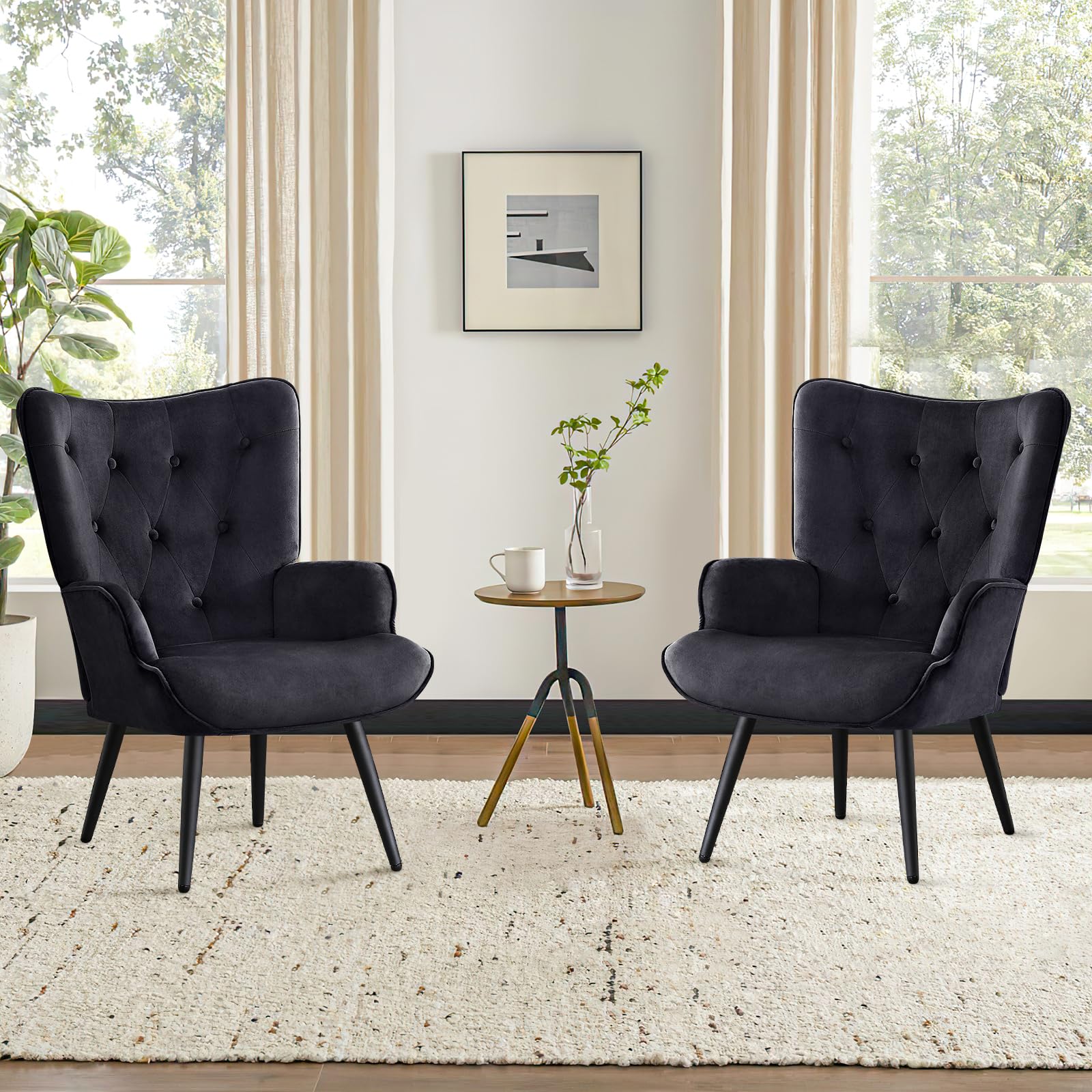 Furniliving Boucle Accent Chair for Living Room, Upholstered Reading Chair with High Backrest, Tufted-Button Wingback Armchair for Bedroom, Dressing Room, Home Office, Black
