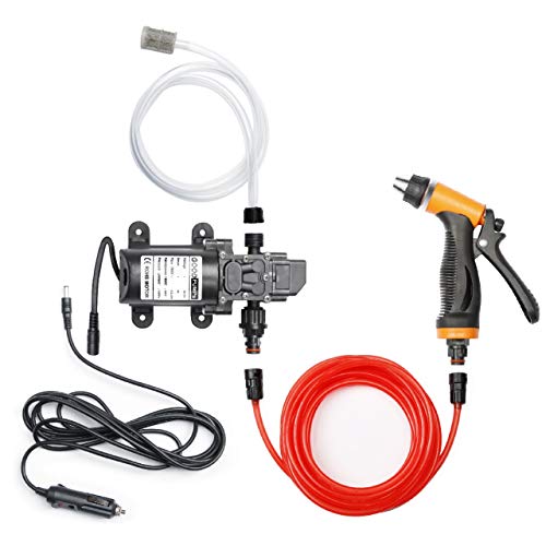 Bang4buck Portable Intelligent Electric Pressure Washer Pump 100W 160 PSI 12V Portable Pressure Powerful Washing Kit with 21.3 Feet PVC Hose for Home, Car, Garden, Projects(100 W-Black Hose)