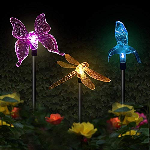 Solar Stake Lights Outdoor,Solar Garden Lights Color Changing,Hummingbird, Butterfly, Dragonfly,LED Solar Decor Lights Pathway Lights for Christmas,Garden, Patio, Backyard,3pcs