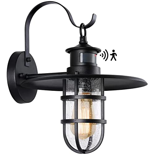 YLHogar Motion Sensor Dusk to Dawn Outdoor Wall Light Fixture Retro Black Wall Sconce,Waterproof Porch Light Wall Mount with Seeded Glass for Entryway Doorway Garden,Exterior E26 Patio Wall Lanterns