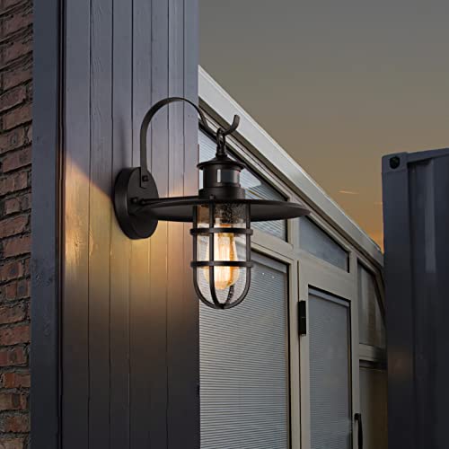 YLHogar Motion Sensor Dusk to Dawn Outdoor Wall Light Fixture Retro Black Wall Sconce,Waterproof Porch Light Wall Mount with Seeded Glass for Entryway Doorway Garden,Exterior E26 Patio Wall Lanterns